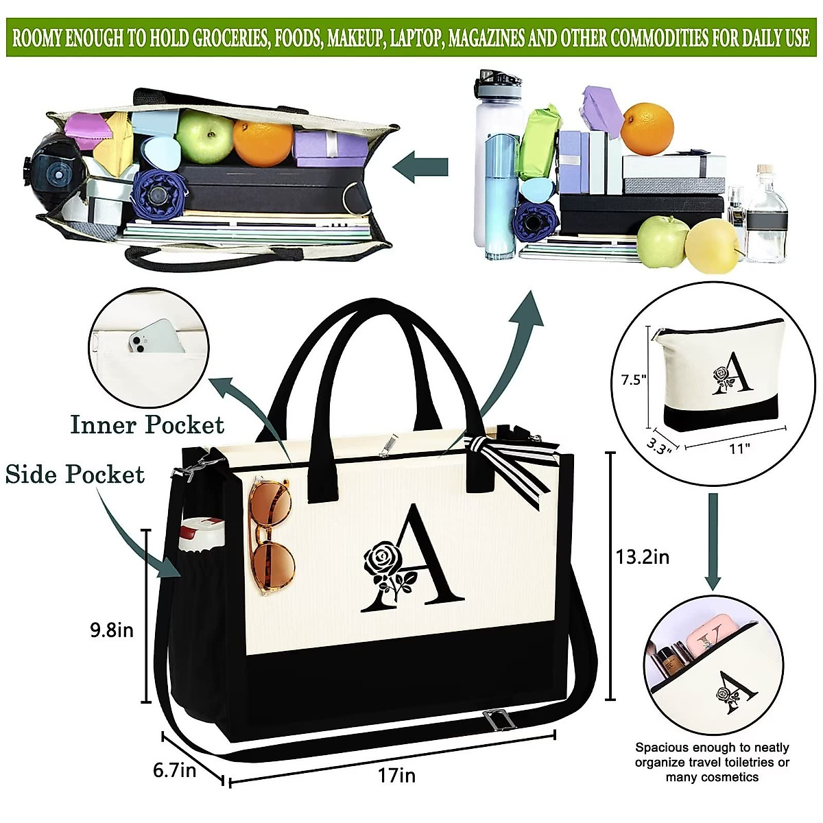 YOOLIFE Retirement Gifts for Women - Initial G Monogrammed Beach Tote Bag with Zipper Makeup Bag Personalized Birthday Gifts Women Her Mom Teacher Friends Female Sister Bridal Shower Bridesmaid Gifts