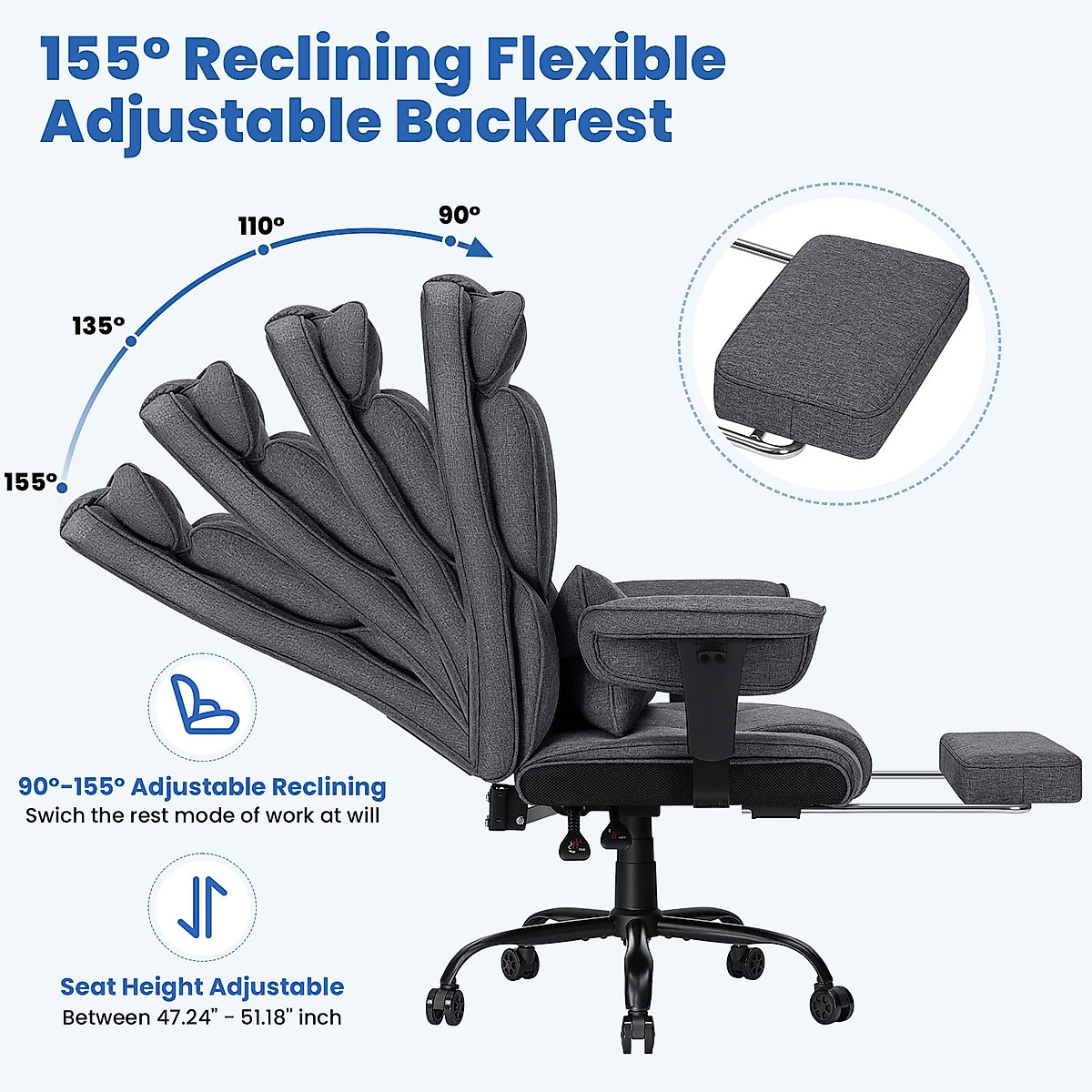 Executive Office Chair Big and Tall with Massage Lumbar Support 450lbs Reclining Office Chair with Footrest Heavy Duty Desk Chair High Back Ergonomic Fabric Chair for Heavy People Dark Gray