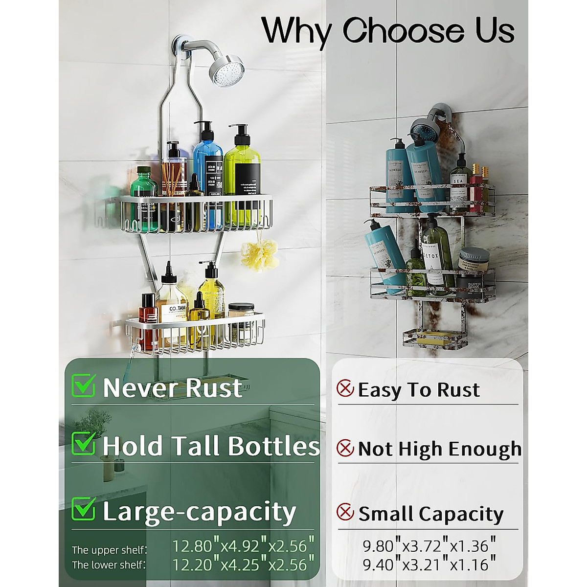 Shower Caddy Hanging Bathroom Organizer: Over Head Long Rack for Tall Showerhead - Extra Large Shelf for Big Shampoo Bottles with Soap Holder