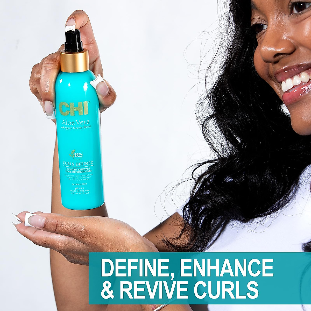 CHI Aloe Vera Humidity Resistant Leave-In Conditioner, For Defined, Smooth & Frizz-Free Curls, Sulfate, Paraben, & Cruelty-Free, 6 Oz
