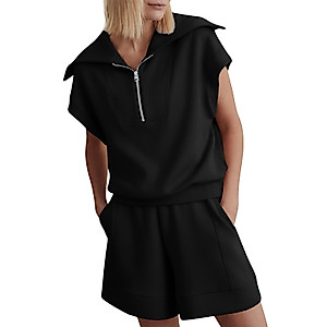 Zwurew Sweat Suits for Women 2 Piece Sets Summer Spring 2024 Short Sleeve Lounge Outfits with Shorts Black S