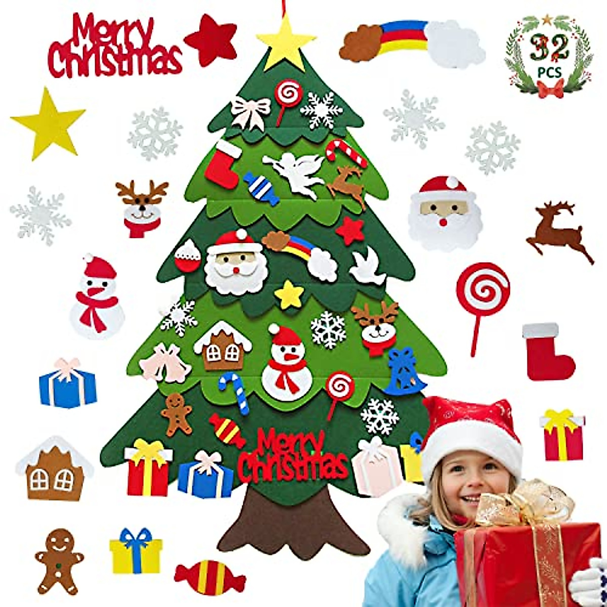 Qckarobe Felt Christmas Tree for Kids, 32Pcs Detachable Xmas Ornaments, DIY Christmas Tree Wall Hanging Decor, Christmas Crafts for Kids, Xmas Gifts, Christmas New Year Decorations