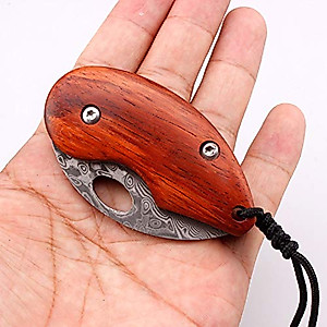 Samior Small Penguin Damascus Mini Karambit Folding Pocket Knife, 1.38" Claw VG10 Blade with Thumb Hole Open, Rosewood Handle with liner Lock and Lanyard Leather Sheath, 2.1oz