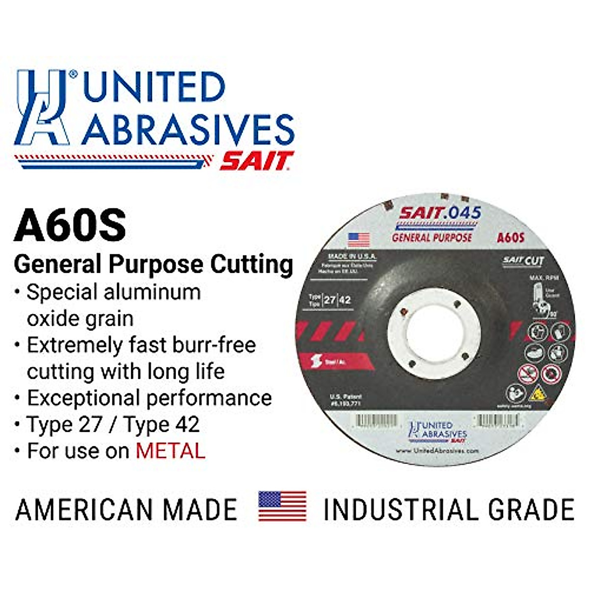United Abrasives-SAIT 22053 A60S General Purpose Cut-Off Wheels (Type 27/Type 42 Depressed Center) 7" x .045" x 7/8", 50-Pack