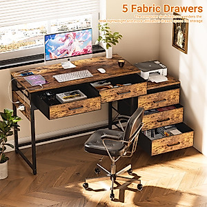 Unikito Computer Desk with 5 Drawers, Reversible Home Office Desk with Power Outlets, Sturdy Writing Desk with File Cabinet and Printer Stand, Vanity Desk with Storage for Small Space, Rustic Brown