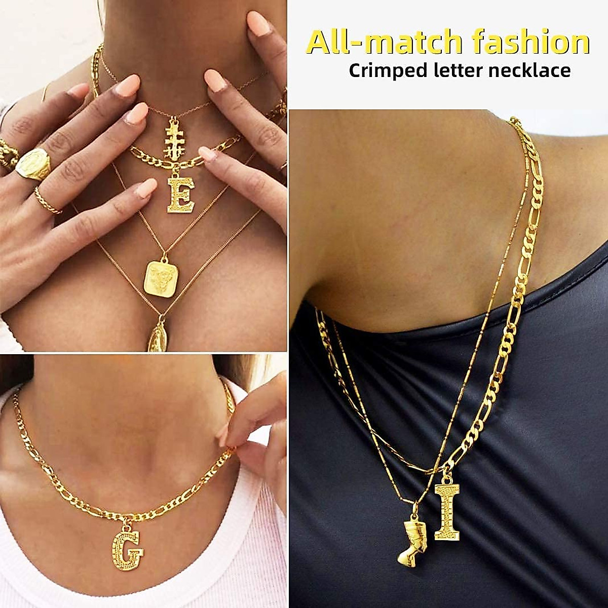 Gold Plated Diamond Cut Letter Initial T Pendant Necklace for Women A-Z Name Jewelry 16Inch/18inch Figaro Choker Chain Adjustable Personalized