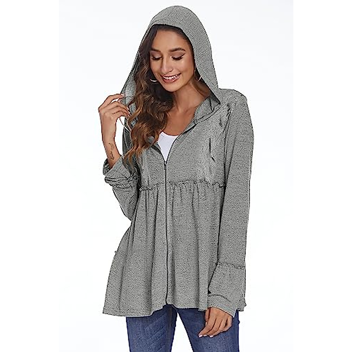 DEESHA Full Zip Up Hoodie for Women Pleated Tiered Ruffle Hooded Sweatshirts Jacket Coat Long Sleeve Black(Grey, 3X-Large)