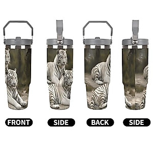 WITHSBKK 30oz Car Cup White Tigers Printed with Portable, Stainless Steel Travel Mug, Vacuum Insulated Tumbler And Straw, Leakproof for Car & Outdoor, UV Printed Design