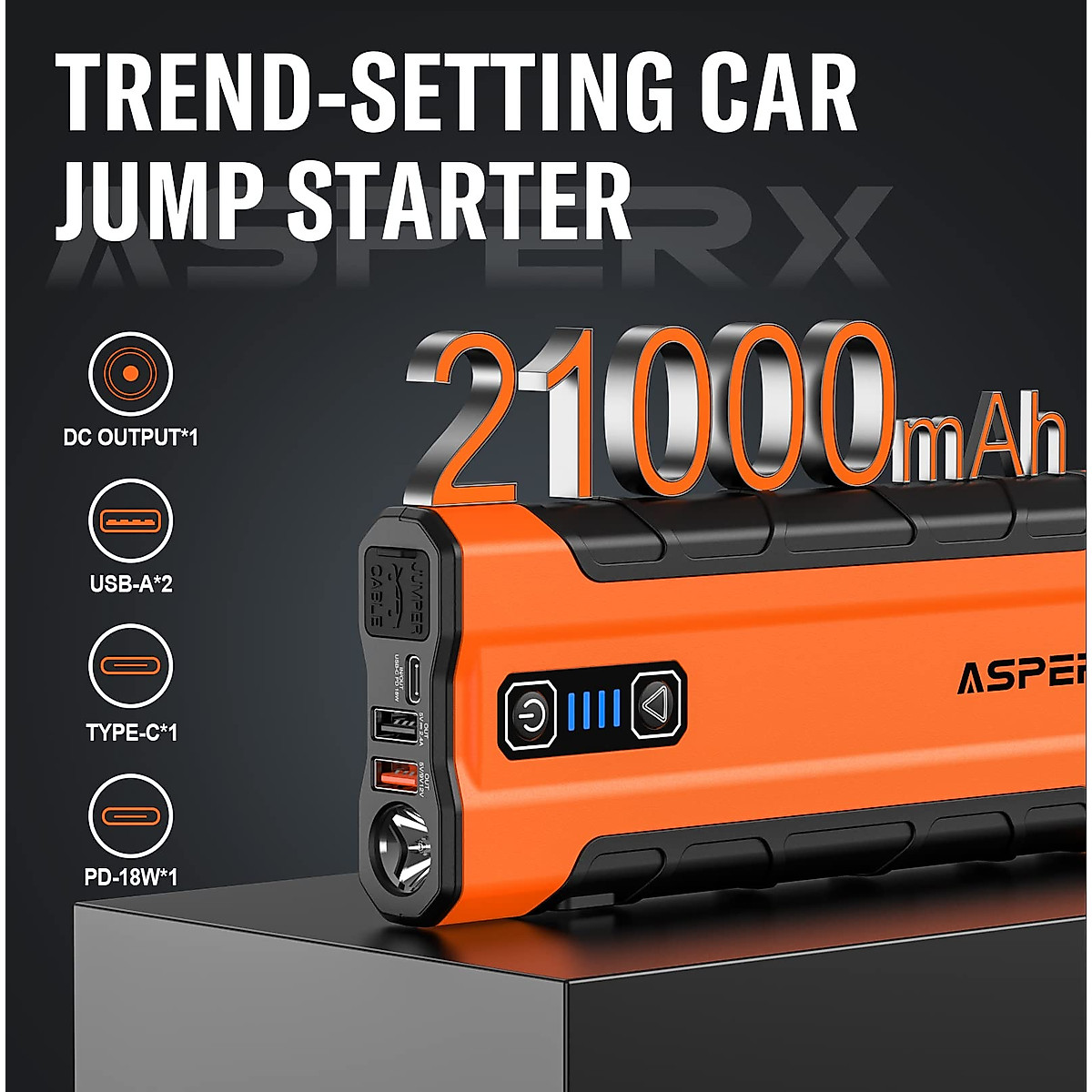 ASPERX AX2500 Jump Starter, 21000mAh 2500A Peak Battery Starter for 10L Gas or 7.3L Diesel Engines, 12V Auto Battery Booster, Lithium Jump Box with USB QC3.0, Jump Pack with Built-in LED Light