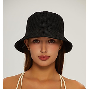 MEINICY Women Mesh Woven Bucket Hat Beach Hat Straw Sun Hat Fashion Foldable Packable Fishing Solid Black Hat for Spring Summer Autumn