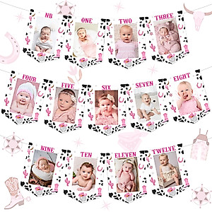 Space Cowgirl 1st Birthday Photo Banner Pink For Girls, Western Disco Monthly Milestone Photograph Bunting Garland, My First Rodeo Birthday Baby Shower Decorations for Baby from Newborn to 12 Months