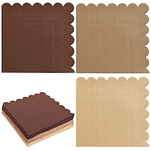 Whaline 150 Pack Fall Color Brown Neutral Cocktail Napkins Wood Grain Napkins Brown Gradient Color Napkins with Scalloped Edges Disposable Napkin in 3 Colors for Party Supplies Table Decor, 5 x 5 In