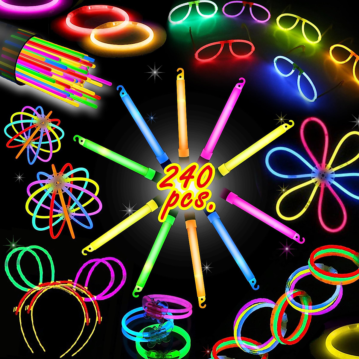 Glow Sticks Party Pack - 240 PCS That Includes, 100 Pcs 8 Inch Glow sticks,10 Pcs Ultra-Bright 6 Inch Glow Sticks, And All Exciting Accessories – Create Glow In The Dark Necklaces, Bracelets, Glasses, Headbands, Balls, Flowers And Much More, Neon Light St