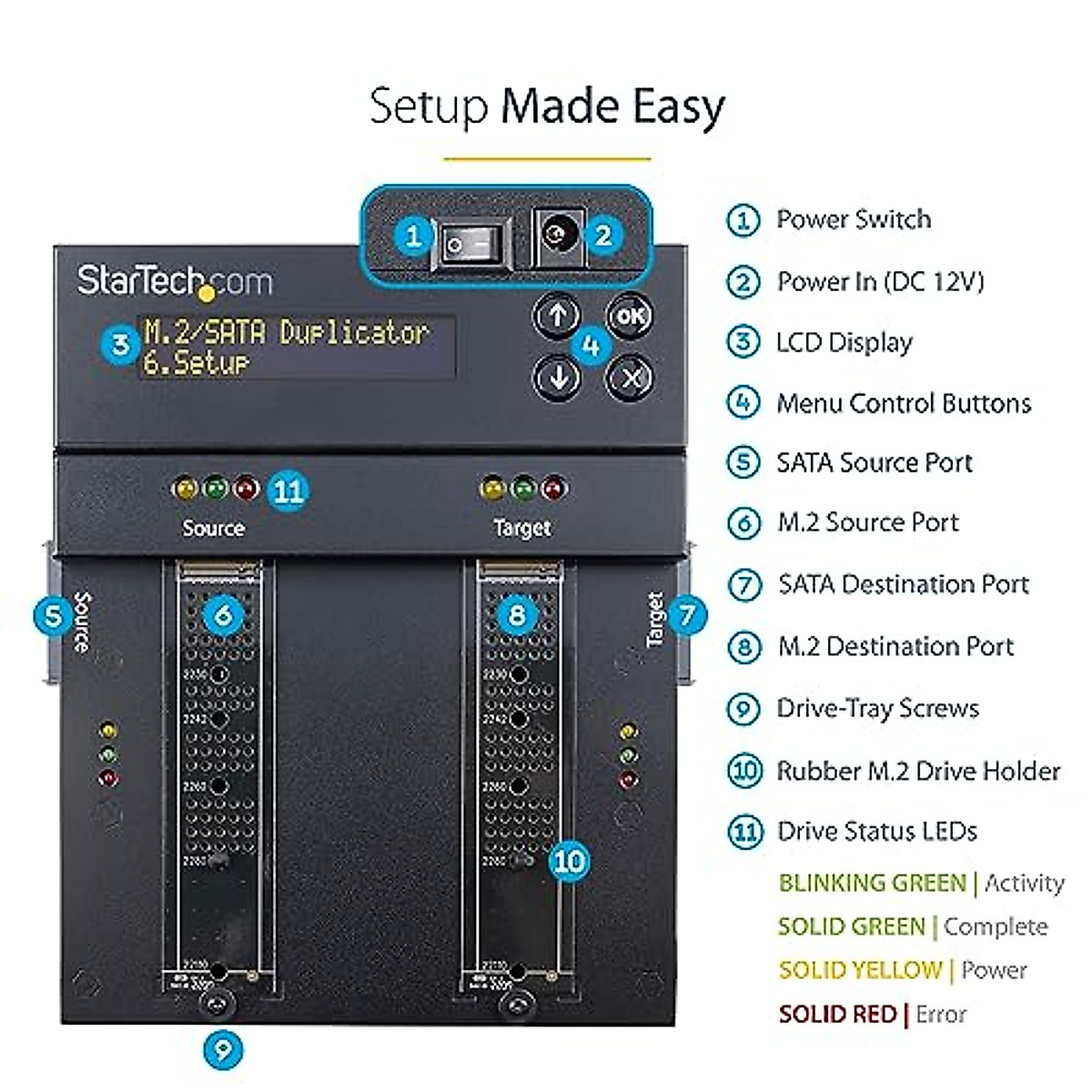 StarTech.com Standalone Dual Bay M.2 SATA/NVMe Duplicator/Eraser, HDD/SSD Cloner/Wiper for M.2 PCIe AHCI/NVMe, M.2 SATA, 2.5/3.5in Drives, Hard Drive Sanitizer/Copier, TAA (SM2DUPE11),Black
