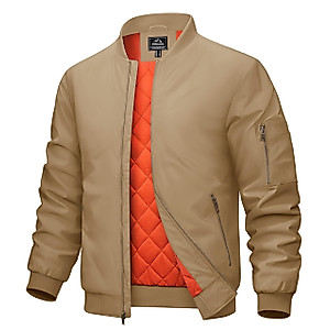 MAGCOMSEN Mens Bomber Jacket Fall Quilted Lining Lined Warm Jacket Full Zip Work Jackets Winter Casual Jacket Khaki XL