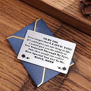 Personalized Engraved Wallet Insert Card for Son - I Love You - Graduation Birthday Christmas Deployment - Unique Message Metal Cards for Him from Mom Mather