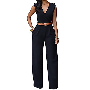 Pink Queen Women's Elegant V Neck Long Loose Belted Rompers Jumpsuits Black Large