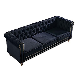 EMKK 84" Upholstered Chesterfield Tufted Sofa Couch for Living Room, Velvet Rolled Arm 3 Seater Classic Settee Sofá with Gold Trim, Black