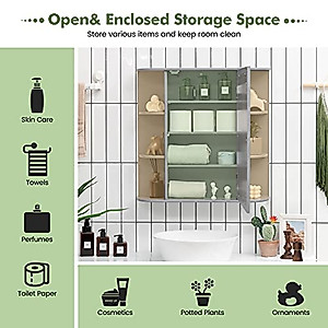 Giantex Mirrored Bathroom Medicine Cabinet - Wall Mounted Bathroom Hanging Cabinet with Single Door, 3 Adjustable Shelves, Storage Cabinet for Hallway, Living Room, Wall Cabinet Over Toilet (Gray)