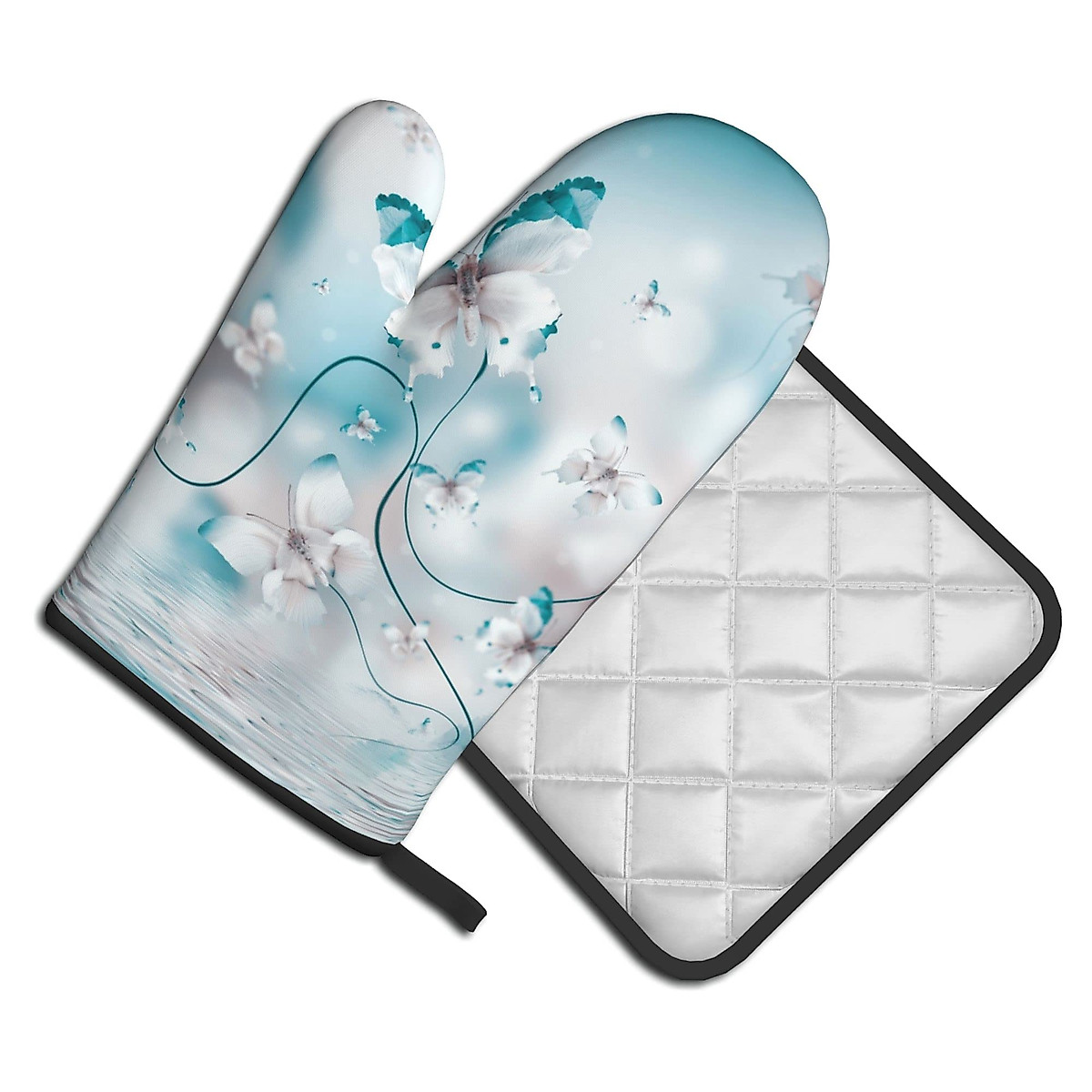 Butterfly Oven Mitts and Pot Holders Sets, Teal Oven Gloves Hot Pads Kitchen Heat Resistant Potholders for Cooking Baking Grilling BBQ