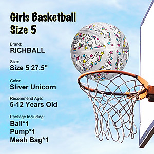 Richball Kids Basketball Size 5 Youth, 27.5" Girls Basketball Indoor Outdoor, Cartoon Unicorn Pink Basket Ball for Juniors Teens, Street Ball Games with 1 Pump, 1 Net