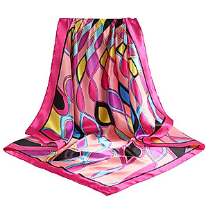 AWAYTR 35” Large Satin Square Head Scarf - 2Pcs Silk Like Floral Head Scarves Square Satin Hair Scarf Bandanas for Women (Elliptical grid(Rose+Blue))