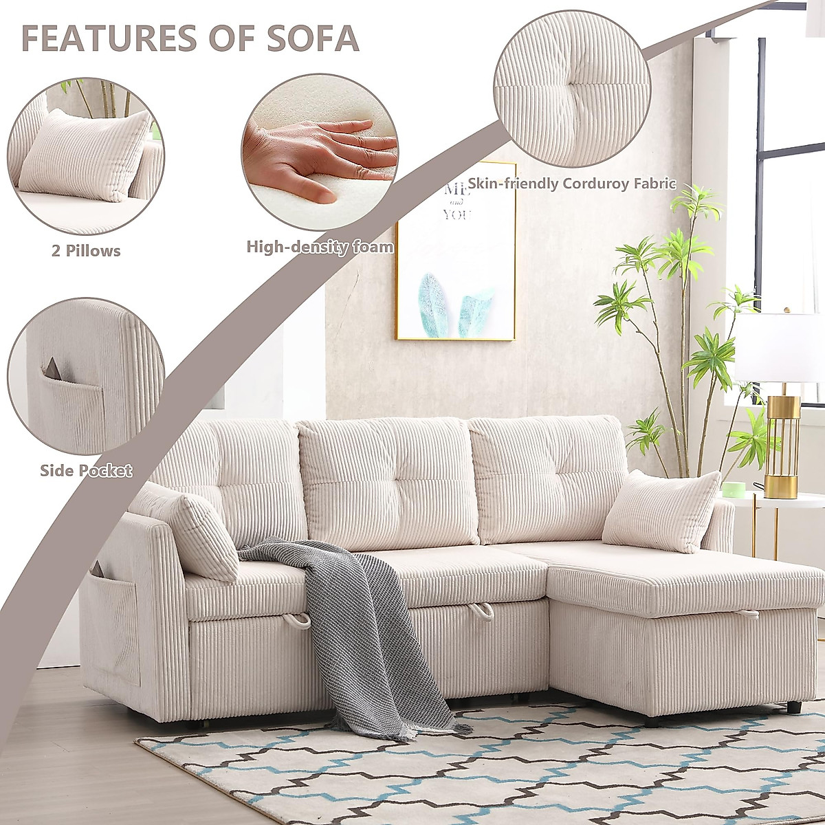 Vliekcy Sectional Sleeper Sofa Bed,Convertible Pull Out Couch with Storage Chaise Lounge, Upholstered L Shape Sofa with 2 Pillows, Comfortable Velet Fabric Couches for Living Room, Beige