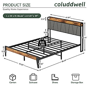 ClouDDwell Queen Size Bed Frame and Headboard with Charging Station, Queen Bed Frame with Storage, Heavy Duty Steel Support, No Box Spring Needed, Squeak Resistant, Rustic Brown and Grey