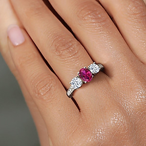 Gem Stone King 2.52 Cttw 925 Sterling Silver Red Created Ruby 3-Stone Engagement Ring | Oval 7X5MM & Round 5MM | 3 Stone Wedding Anniversary Promise Ring For Women (Size 7)