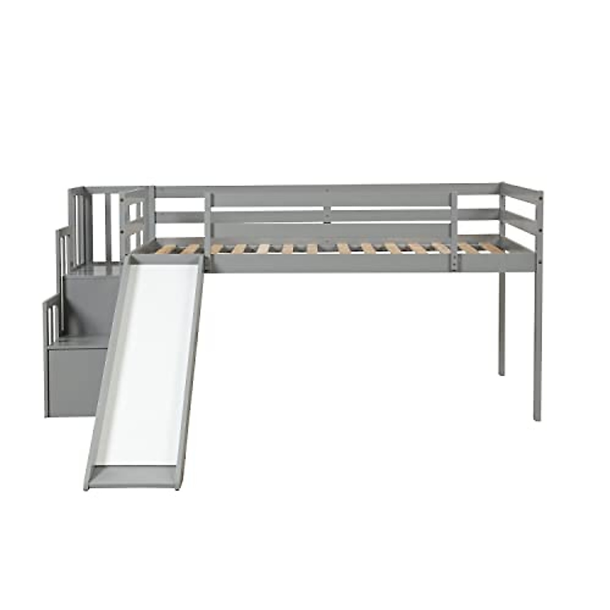 BOVZA Twin Size Low Loft Bed with Stairs and Slide, Wood Bedframe with Safety Guardrails for Kids Boys Girls, Gray