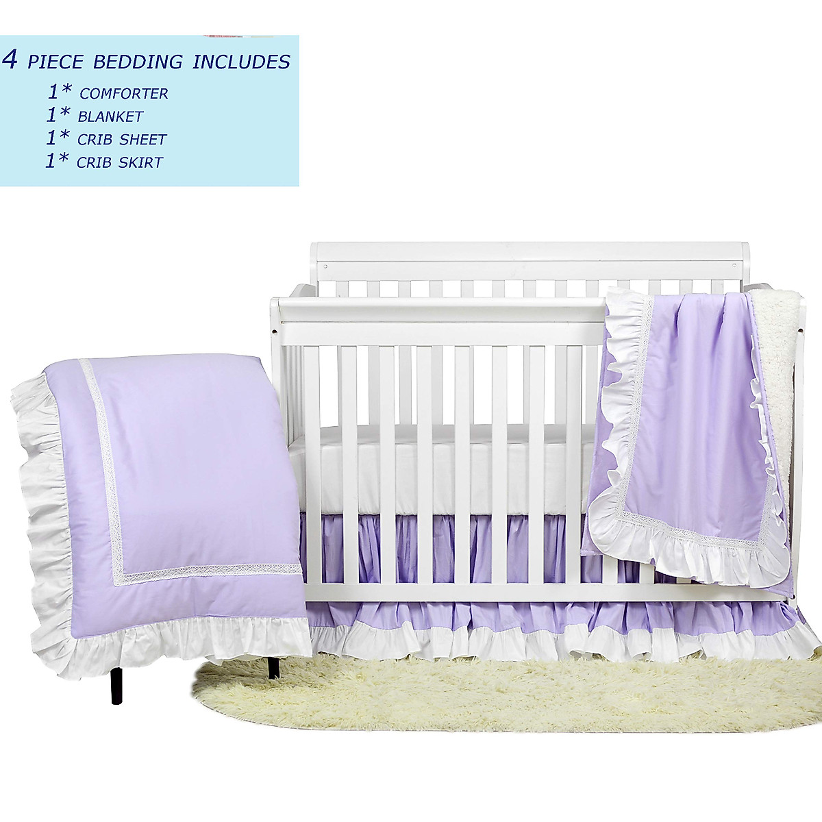 Brandream Girls Crib Bedding Sets White Purple Luxury Baby Nursery Bedding 4 Piece Ruffle Comforter Blanket Set, 100% Cotton