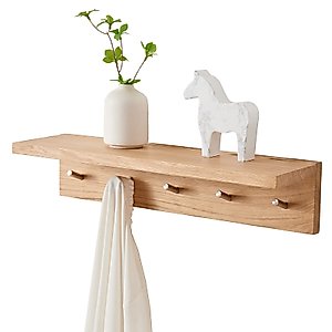 OAKERLAND Oak Wood Wall Shelf with 5 Hooks, Entryway Shelf Coat Rack with Hooks Floating Shelves with Hooks for Clothes Hats Towel Purse Robes, Bathroom Mudroom Bedroom (20 inch)