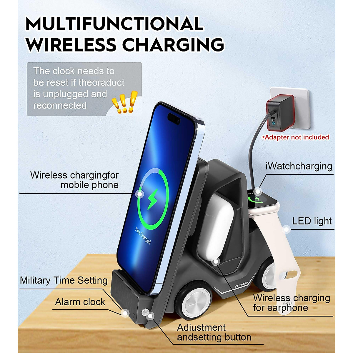 QFUP Forklift Wireless Charger Station for iPhone Charger for Apple Watch Charger for Airpods Charger, 6 in 1 Wireless Charging Station for Multiple Devices Apple Fast Wireless Desktop-Grey