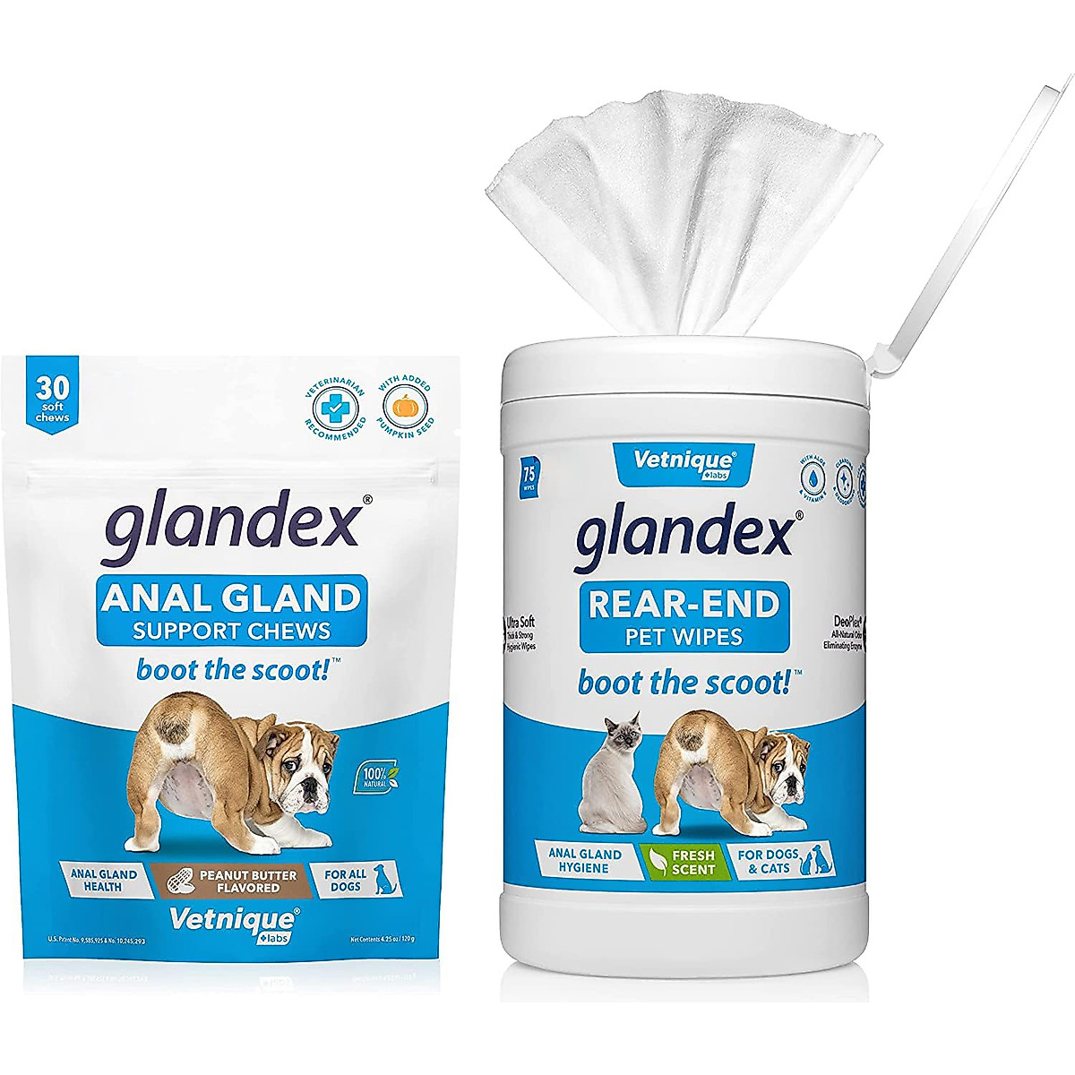 Glandex 30ct Peanut Butter Anal Gland Soft Chews with Glandex 75ct Pet Wipes Bundle by Vetnique Labs
