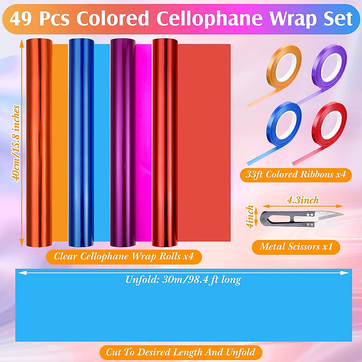 Tenceur 49 Pcs Easter Colored Transparent Cellophane Wrap Set 4 Rolls 15.8" x 98.4ft Cellophane Wrap Roll 40 Colorful Pull Bows 4 Roll 33ft Ribbon Cutter for Easter Gift Baskets DIY(Fresh Color)