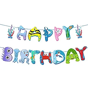 Sea Animal Banner Under the Sea Birthday Decorations, Ocean Themed Marine Creature Birthday Party Supplies for Baby Girl Boy, Sea Theme Happy Birthday Banner Baby Shower Sign Decor