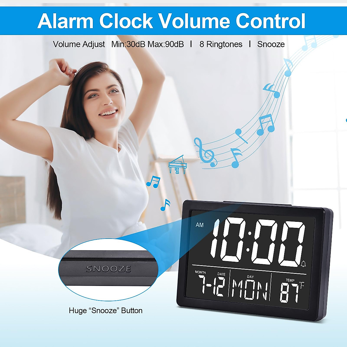 Amgico Digital Alarm Clock with Snooze, Small Clock/Table Clock, 6.3" LED Digital Calendar, 12/24H, Adjustable Brightness/Volume, Desk Clock for Bedroom, Living Room, Office - Black