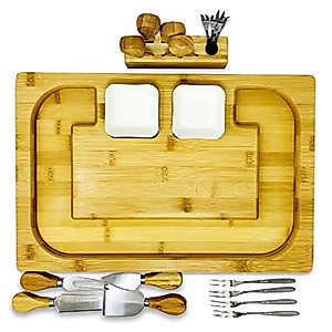 PandPal Charcuterie Cheese Board Set with Bonus Knives, Bowls, and Forks – Reversible Extra Large Bamboo Board & Serving Tray with Deep Grooves and Easy Handles