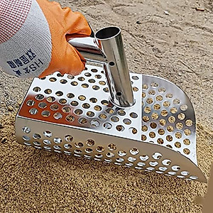 Sand Scoop for Metal Detecting, Stainless Steel with Hexahedron 10mm Holes for Beach Treasure Hunting + Gloves