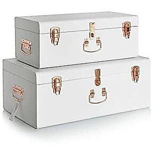 Metal Storage Trunk Set of 2 - Vintage Style White Decorative Box with Rose Gold Handles & Locks - Space Saving Storage Chest with Lid for Bedding, Towels & Clothes - Decorative Boxes for Home Decor & Office Use