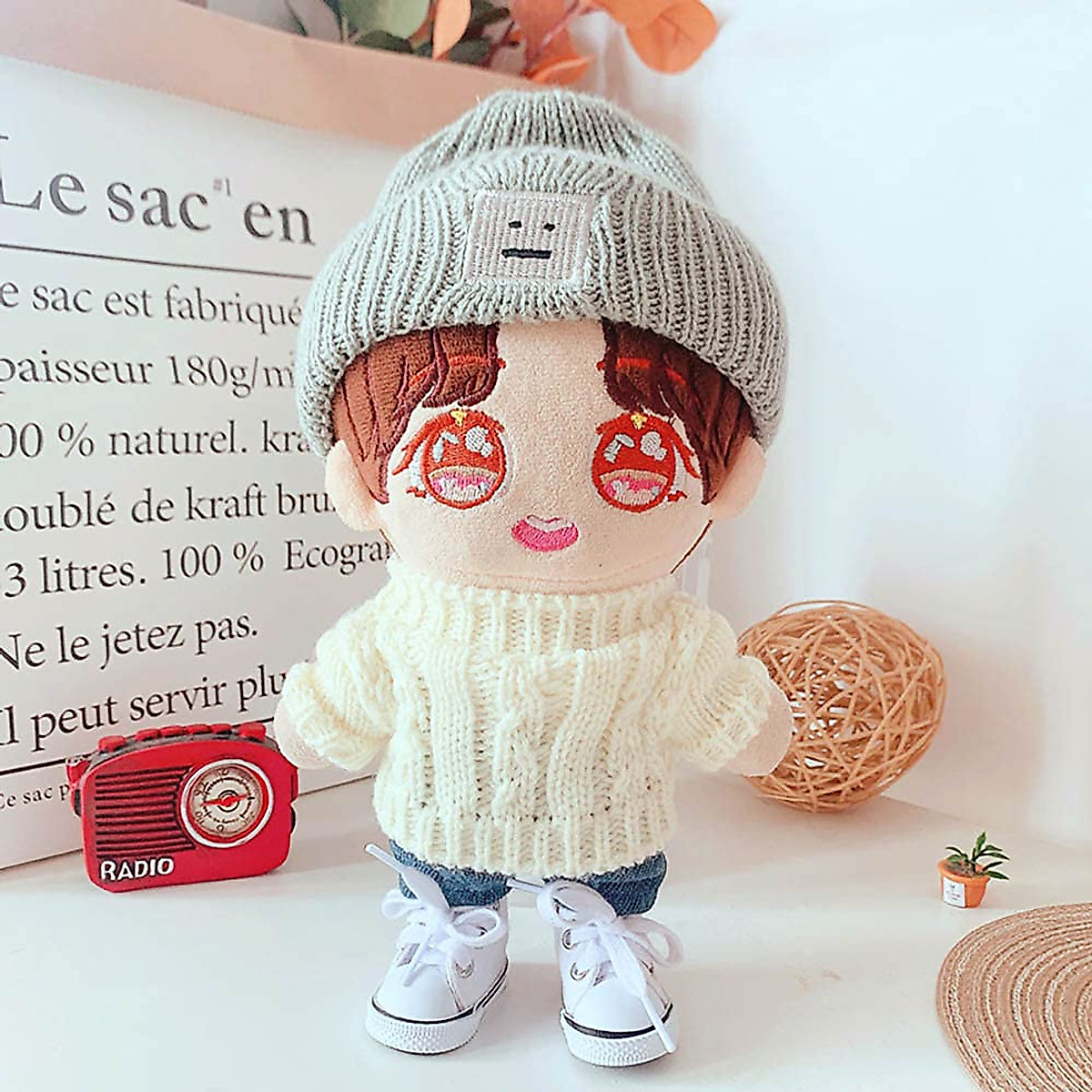 niannyyhouse Doll Clothes Suit 7.8in/20cm Plush Doll Clothes Hat + Sweater + Shorts 3-Piece Set Doll Dressup Square Face Hat Denim Shorts White Sweater (Blue)