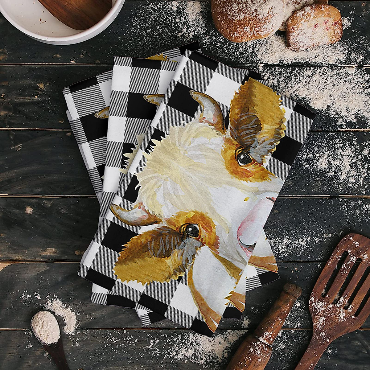 Chees D Zone Kitchen Towels Cotton Dish Towel,Farm Animals Cute Cow Country Yellow Sunflower Green Plants Soft Dishcloth Absorbent Tea Towel,Retro Black Plaid Reusable Washable Hand Towels 3 Pack