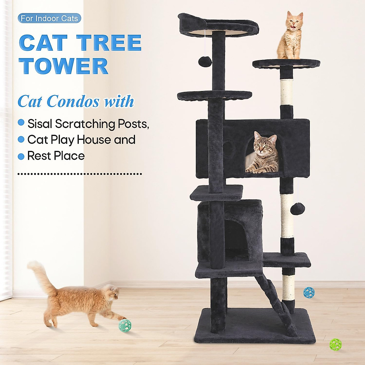 FDW Cat Tree 54in Cat Tower Multi-Level Durable Cat Scratching Post & Cozy Fun Cat Jumping Platform Space Saving Cat Condo Pet Play House for Indoor Cats,Dark Gray