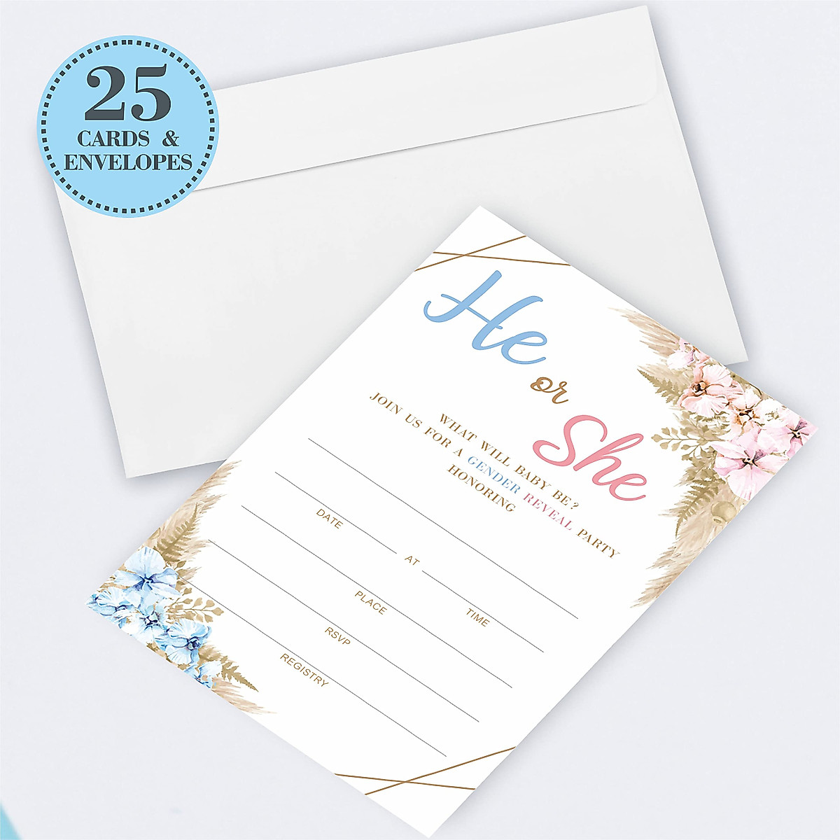 JCVUK Set of 25 Baby Shower Invitations with Envelopes, BOHO Diaper Raffle Tickets and Baby Shower Book Request Cards, Pampas Grass Bohemian Theme Gender Reveal Party For Boys or Girls(YQKTZ-A02)