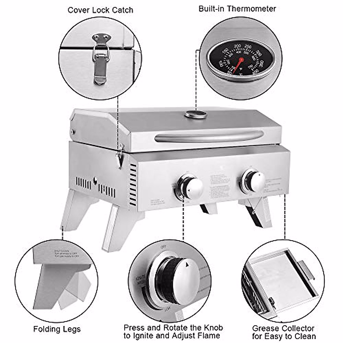 ZOKOP Portable Propane Gas Grill, 20000 BTU Tabletop Stainless Steel 2-Burner BBQ Grid with Foldable Legs for Picnic Camping Trip, Tailgating, Patio Garden Home Use, 22 x 18 x 15 Inch, Steel, Silver