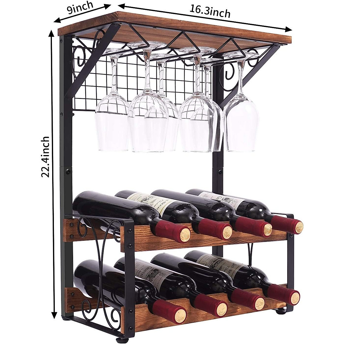 X-cosrack 2 Tier Solid Wood Wine Rack, Hold 8 Wine Bottles and 6 Glasses Countertop Wine Storage Stand, Freestanding Wine Holder Display Shelves for Kitchen, Pantry, Cellar, Bar