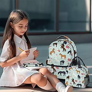 Mercuryelf Horse for Women Backpack with Lunch Box Set, 3 in 1 School Backpacks Matching Combo, Aesthetic Mint Green Bookbag and Pencil Case Bundle