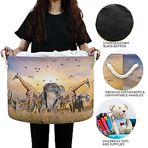 xigua African Safari Animals Round Storage Basket Collapse Canvas Fabric Storage Bin with Cotton Handles for Organizing Home/Kitchen/Nursery/Office/Kids Toy