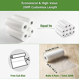 Gasbye Vacuum Sealer Bags, [200ft Mega-Pack] 4 Rolls each 8"x50' Food Saver Vacuum Sealer Bags Rolls for Custom Fit Airtight Freshness & Sous Vide, BPA Free, 7-Layer Ultra-Thick Anti-Puncture Design