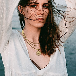 LANE WOODS 18k Gold Plated Necklaces for Women - Multilayer Coin Medallion Pendant Necklace Adjustable Layering Choker Necklaces Chain Set Jewelry